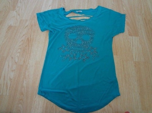 Women's Davida L Shirt Bling Skeleton Skull Cut Back Teal See ...