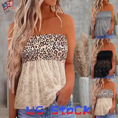 Womens Strapless Bandeau Boob Tube Tops Summer Ladies Beach Blouse T ...