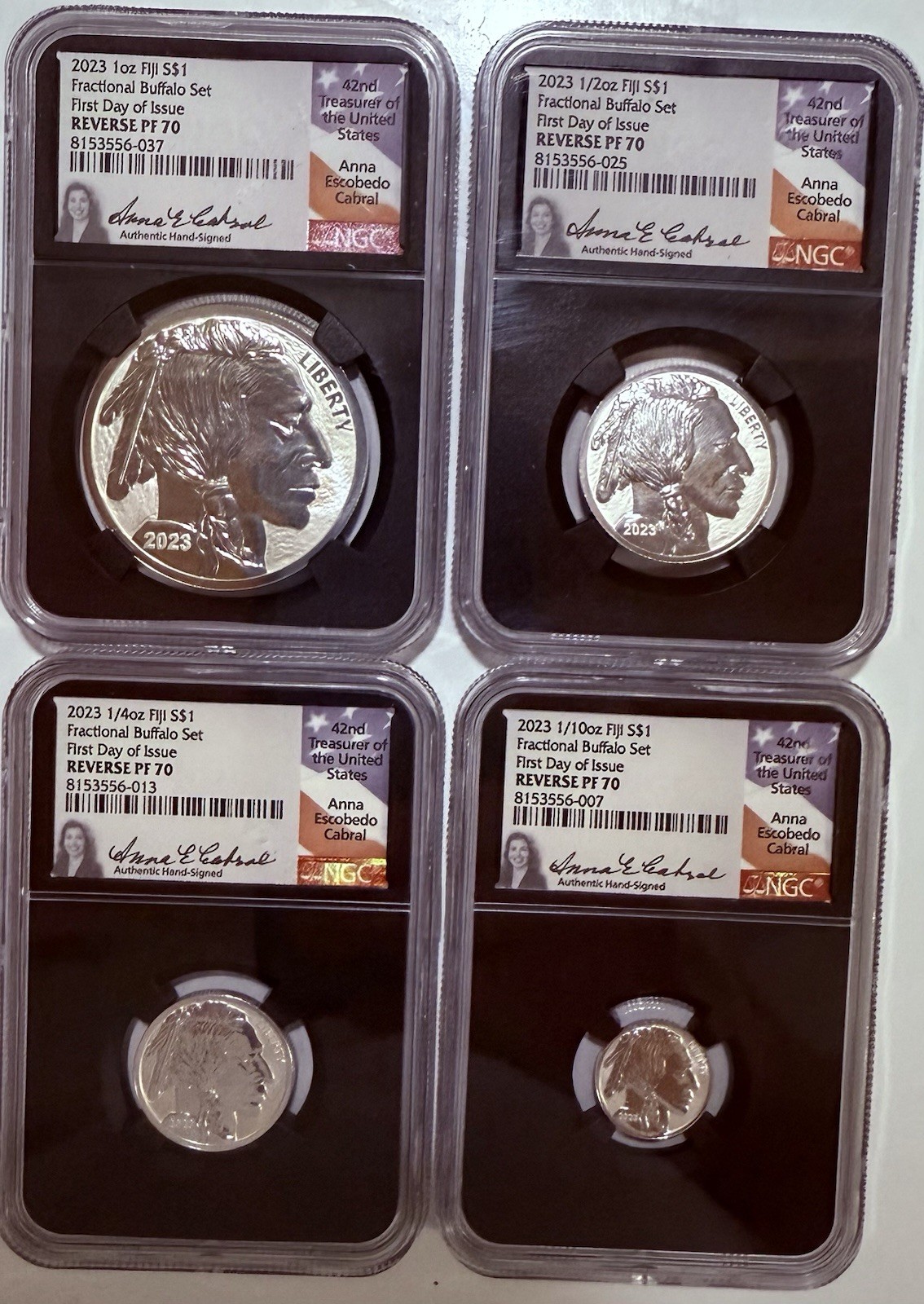 4Pcs Anna Cabral Signed 2023 RevPF70 FIJI Buffalo Set. 1 OZ,1/2 OZ,1/4 ...