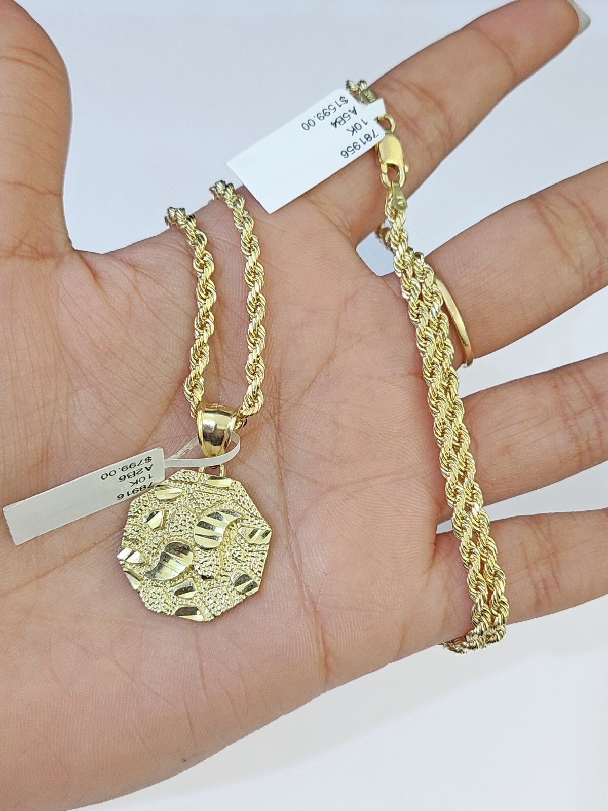 10k Gold Rope Chain & Octagonal Nugget Charm Pendent SET 3mm 22Inches ...