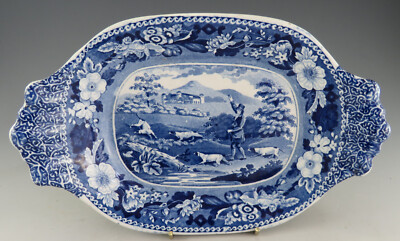 Antique Pottery Pearlware Blue Transfer Gamekeeper 9" Handled Dish 1825 ...