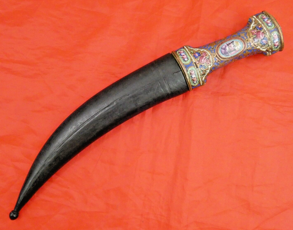 FINEST ANTIQUE PERSIAN ENAMEL KHANJAR DAGGER Damascus Wootz Steel SWORD ...