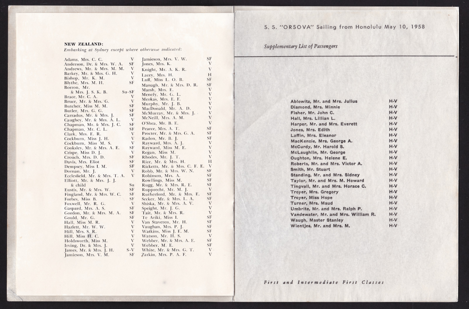 1958 Orient Line ship SS Orsova Passenger List South Pacific 5 5/8" x7 ...