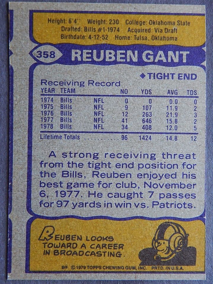 Reuben Gant #358 Topps 1979 Football Card (Buffalo Bills) VG | eBay