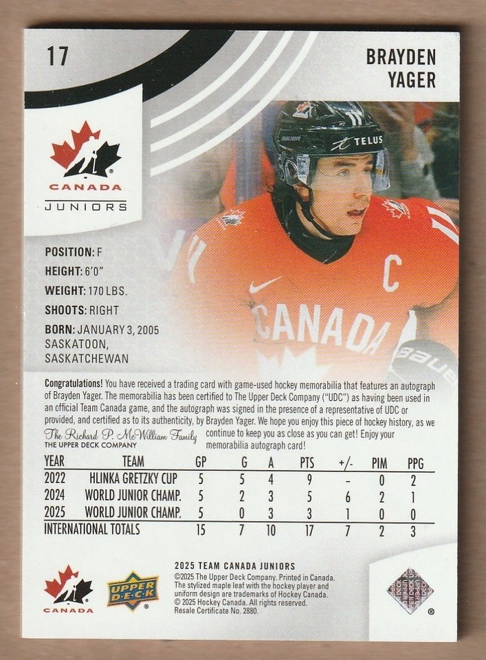 2025 Team Canada Juniors BRAYDEN YAGER Premium Auto 51/99 | eBay