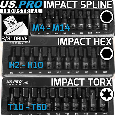 US PRO IMPACT Hex Torx Spline Bit Sockets 3/8" Drive Short Reach Allen ...