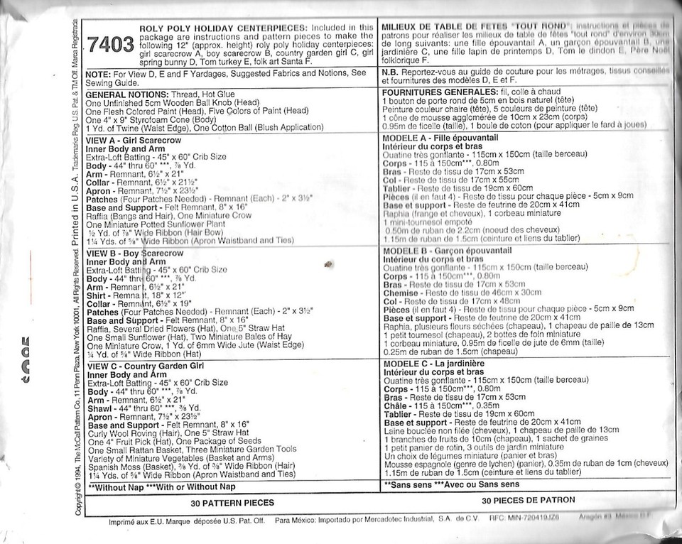 Mccall's #7403 Roly Poly Holidays Santa Scarecrow Turkey Rabbit - UNCUT ...