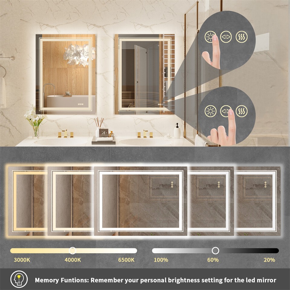 Crystal Clear LED Bathroom Mirror Flicking-Free Defog Waterproof Makeup ...