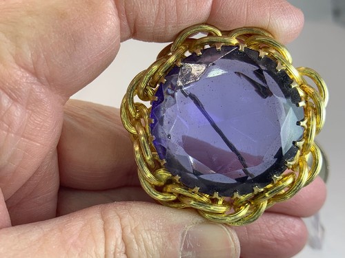 Flower Translucent Purple Rhinestone Center HUGE Vintage Gold Brooch ...