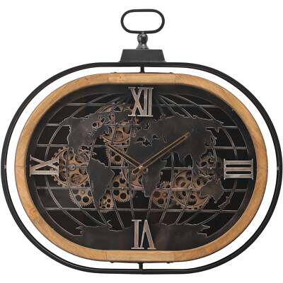 NEW Atlas Columbus Oval FOB Metal Wood Moving Gears Wall Clock, 76cm ...