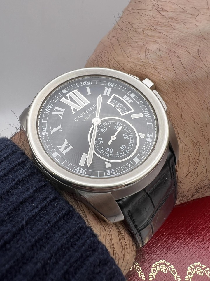 Cartier Calibre Black Dial Leather 42mm Men's Steel Watch Box W7100041 ...