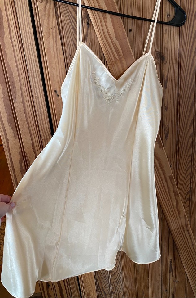 Vintage 80s 90s Angelique Satin Embroidered Butter Yellow Slip Dress ...