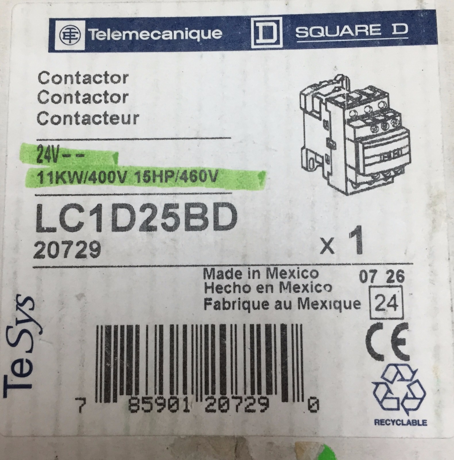 Telemecanique LC1D25BD, Schneider Electric Square D Contactor 24v | eBay