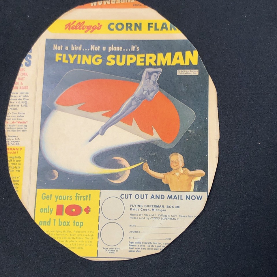 1955 KELLOGG'S CORN FLAKES CEREAL BOX AD WITH "FLYING SUPERMAN" PREMIUM ...