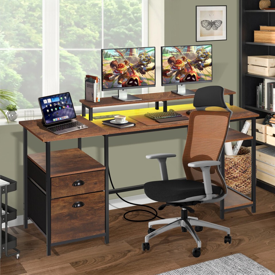 Large Computer Desk Home Office Desk with Monitor Stand Power Outlet 2 ...