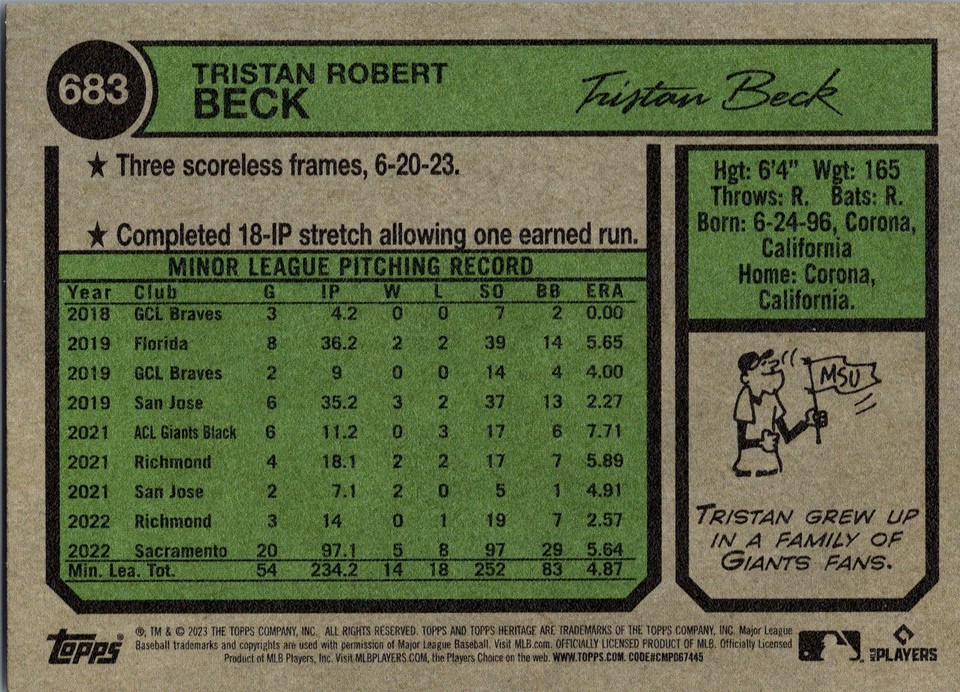 2023 Topps Heritage Tristan Beck #683 San Francisco Giants | eBay