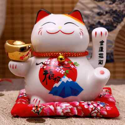 6 Inch Ceramic Beckoning Cat Waving Hand Fortune Cat Electric Maneki ...