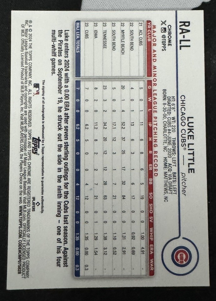 2024 Topps Chrome Luke Little RC Auto /99 Green Refractor!! Chicago ...