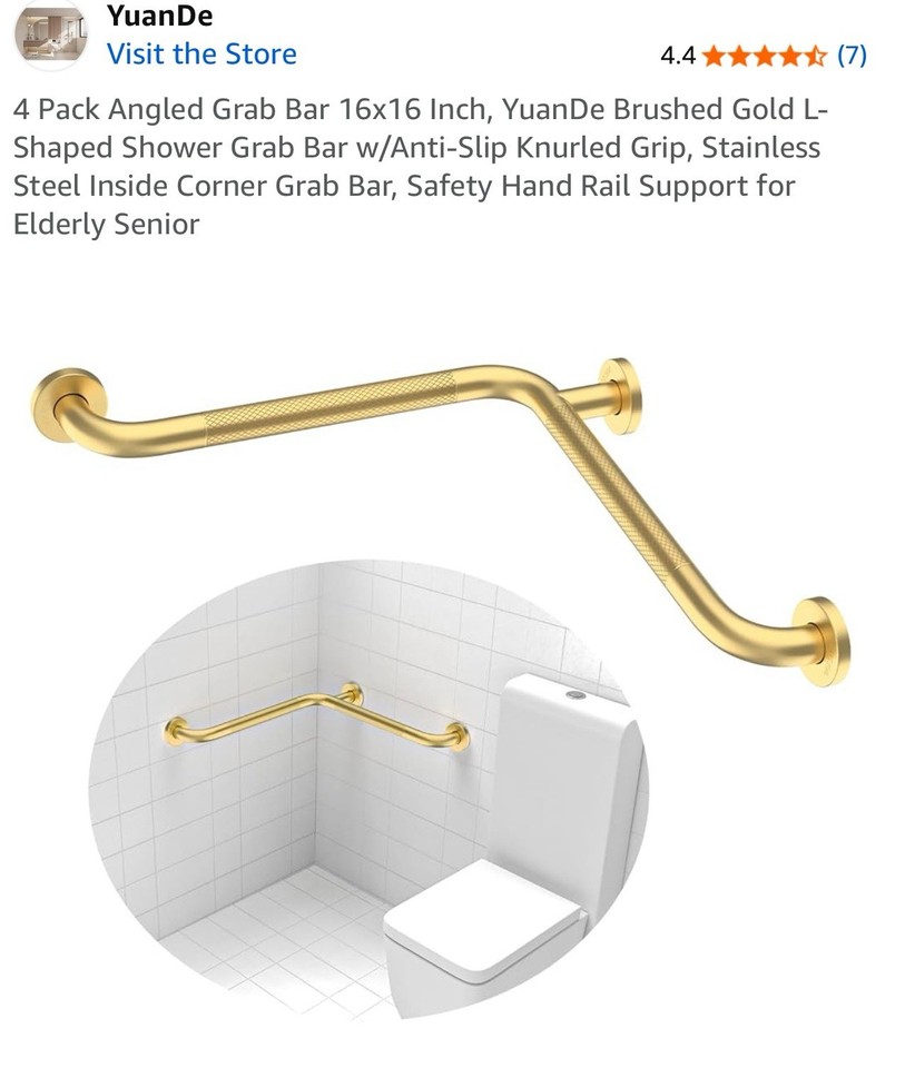 4 Pack 16x16 Gold L-Shaped Shower Grab Bars Anti-Slip Knurled Safety ...