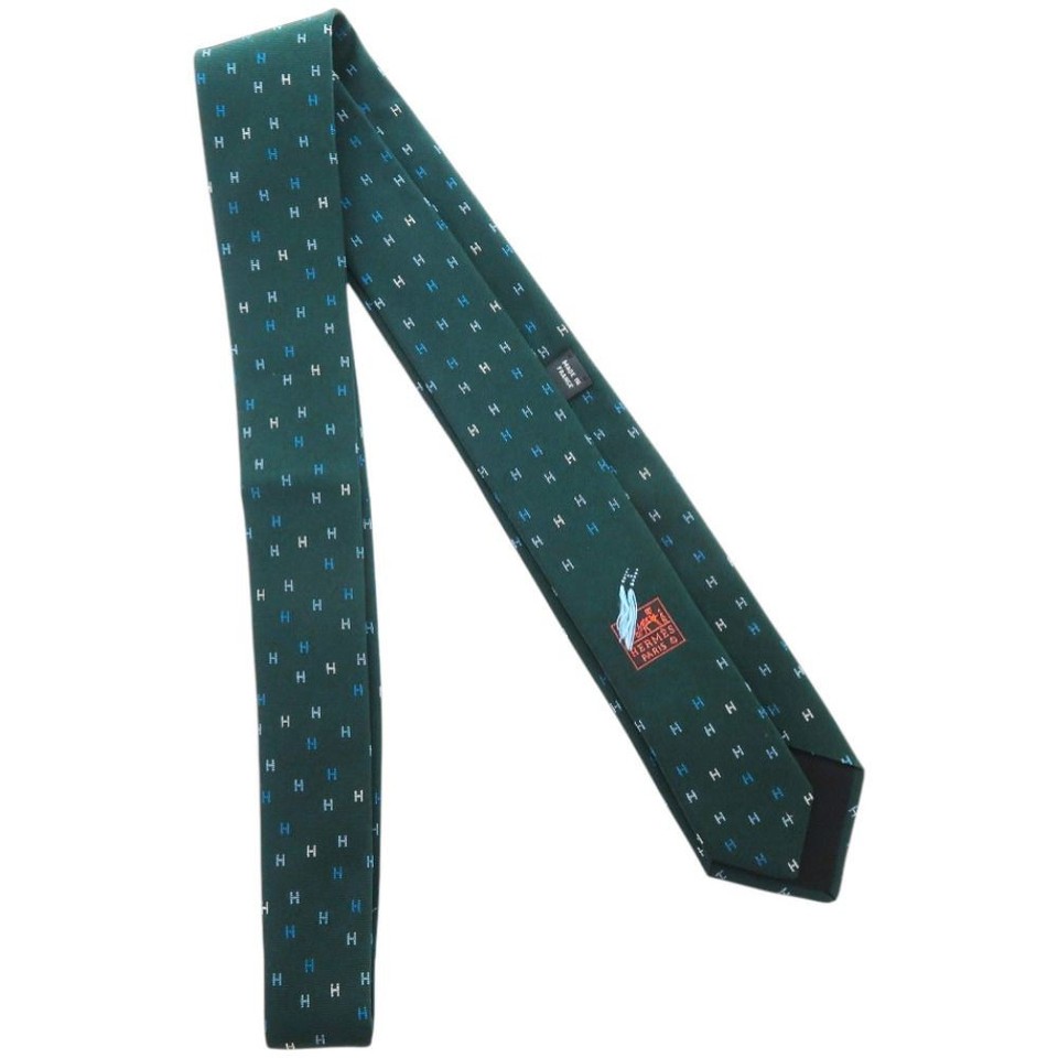 Hermes H Pattern Silk Tie Green Black Used 149.5cm Men's French | eBay