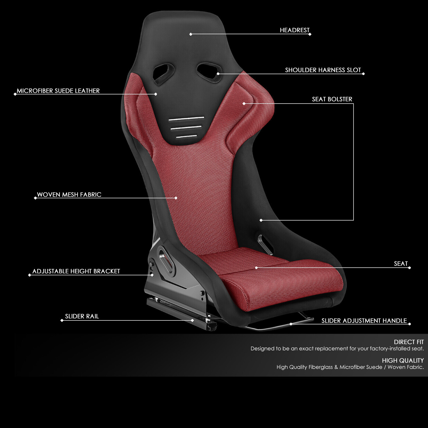 Pair of Universal Red Microfiber Suede Fixed Racing Bucket Seats w ...