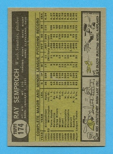 1961 TOPPS # 174 RAY SEMPROCH WASHINGTON SENATORS NM FREE SHIPPING | eBay