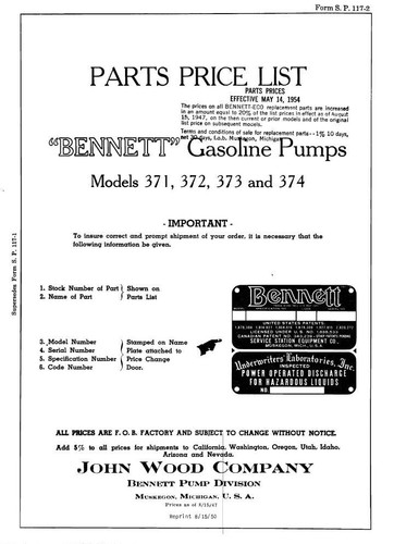Bennett Model 371 372 373 374 Gasoline Pump illustrated Factory Parts ...