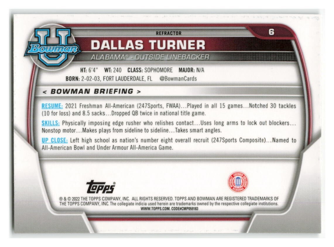 Dallas Turner 2022 Bowman Chrome University 1st First REF Rookie SP #6 ...