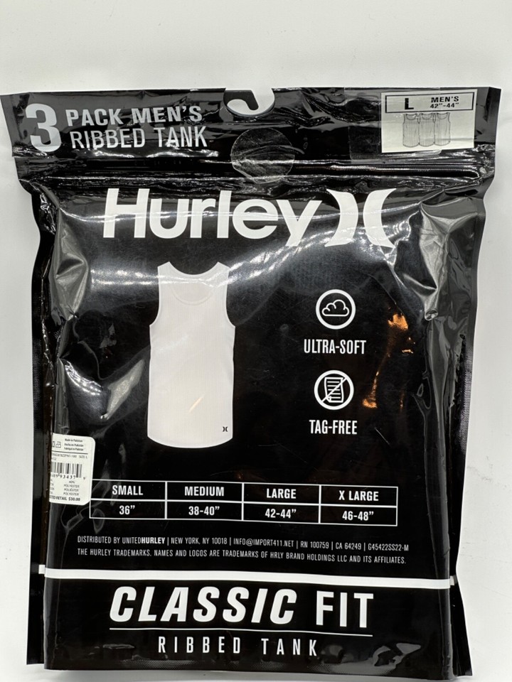 NEW 3 PACK HURLEY MENS RIBBED THANK WHITE TAG-FREE ULTRA-SOFT COTTON ...