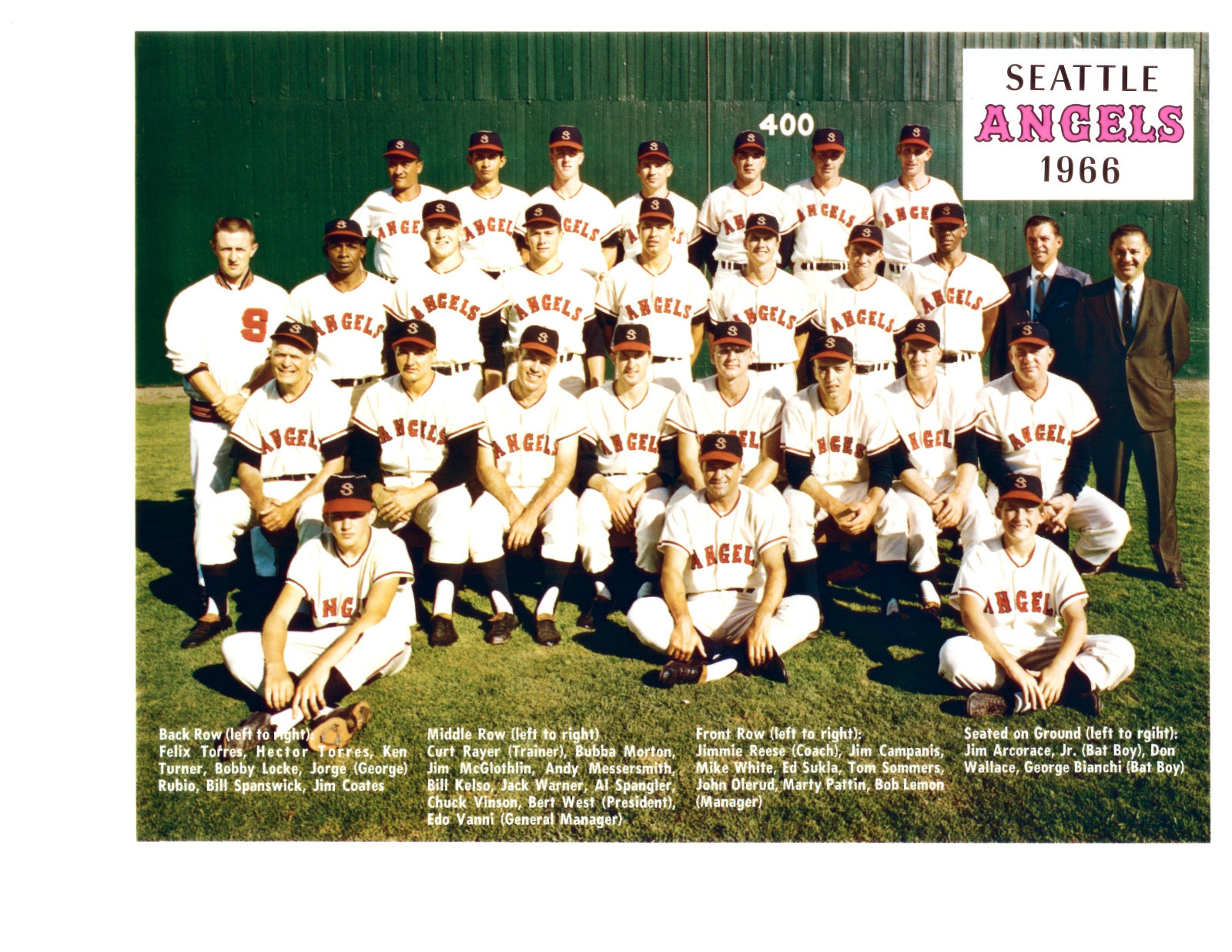 1966 SEATTLE ANGELS TEAM 8X10 PHOTO JOHN OLERUD VANNI WASHINGTON ...
