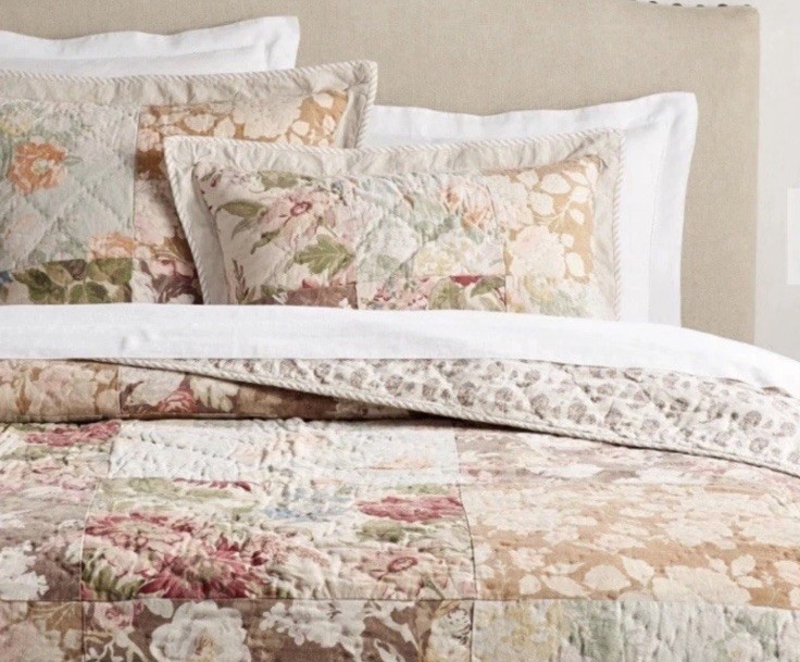 Pottery Barn Carolina Patchwork Floral Reversible Linen Cotton Quilt ...
