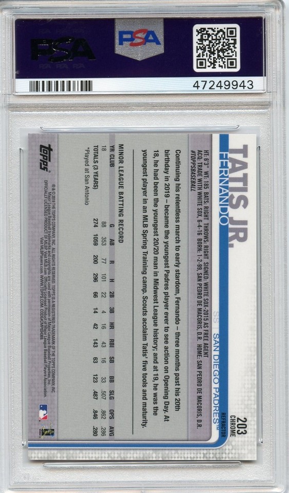 2019 TOPPS CHROME FERNANDO TATIS JR RC #203 PINK REFRACTOR PSA 9 MINT ...