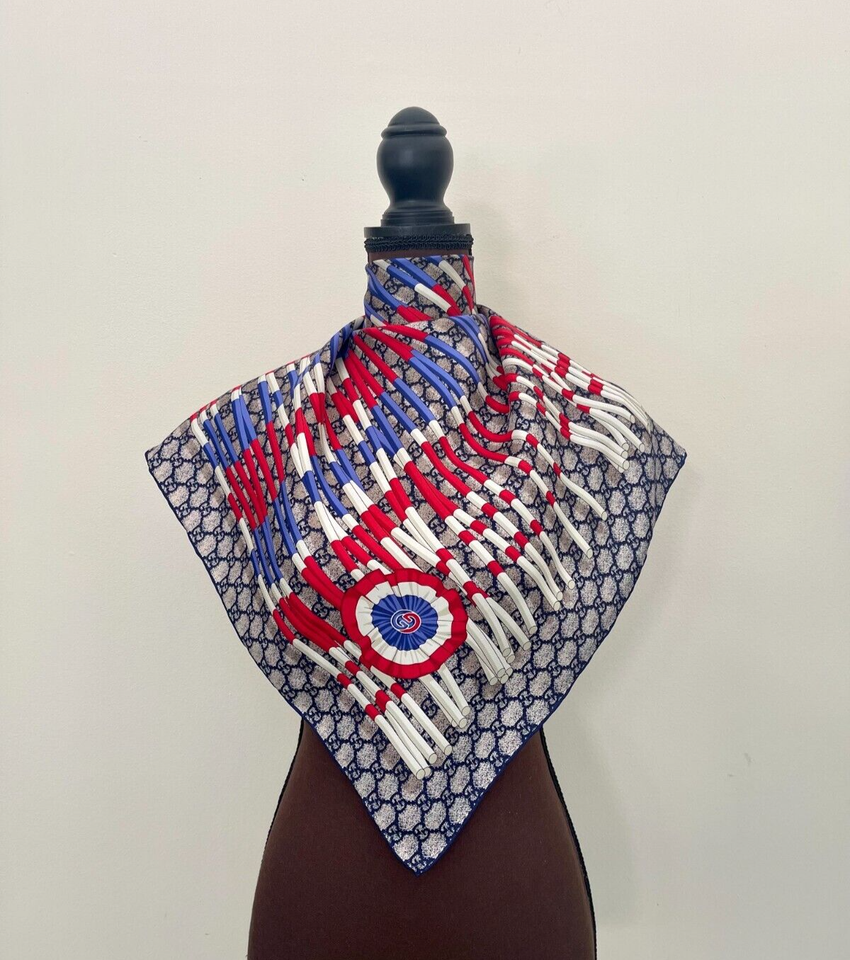 New Gucci Scarf GG Logo WEB Club Blue Silk Wrap Bandana Headband with ...