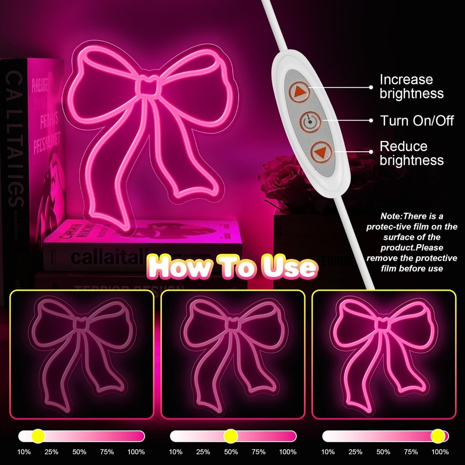 Bow Neon Sign for Wall Decor,Dimmable Cute Bow Neon Light,Pink Light Up ...