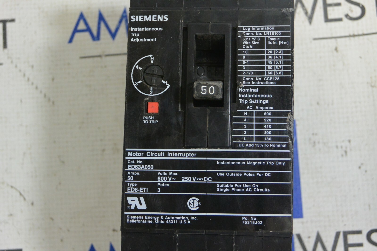 SIEMENS ED63A050 3P 600V 50 AMP MOTOR CIRCUIT INTERRUPTER - RECON | eBay