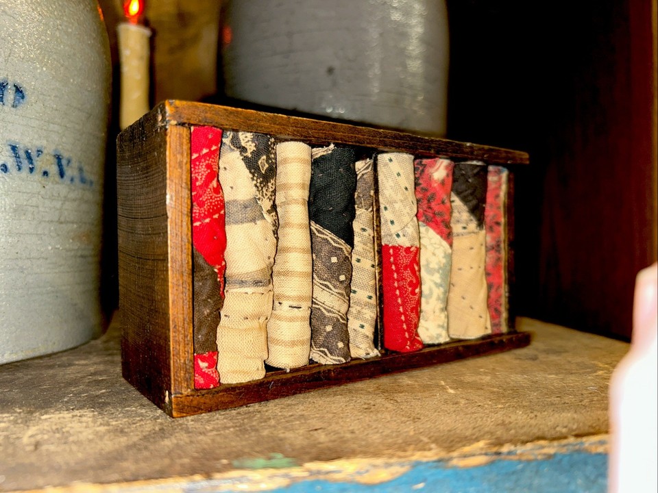 Old Wooden Box W/Dovetails Filled W/ Early Calico Quilt Scraps Reds ...