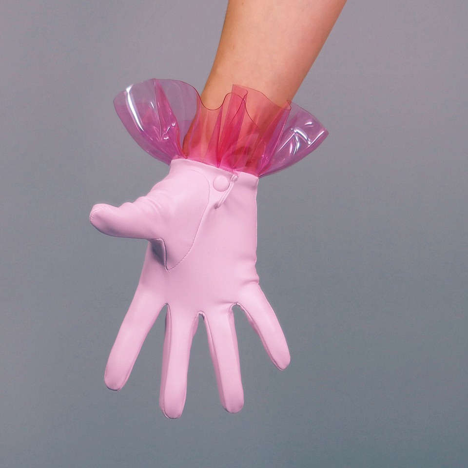 CLEAR GLOVES PVC Ruffle Trim TECH Faux Leather Black Short Plastic ...