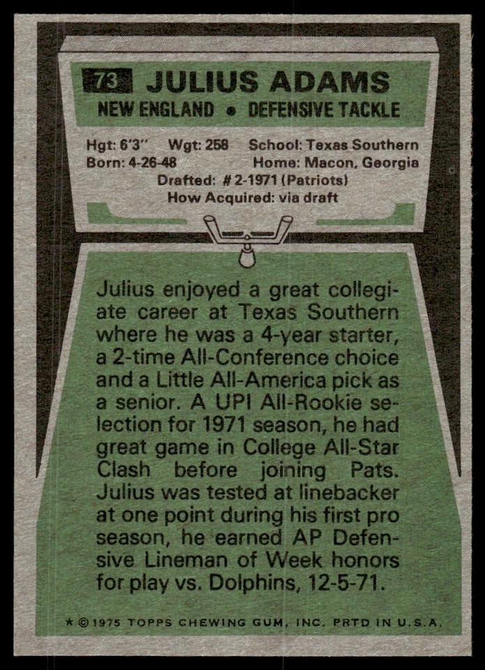 1975 Topps Julius Adams #73 New England Patriots K1 | eBay
