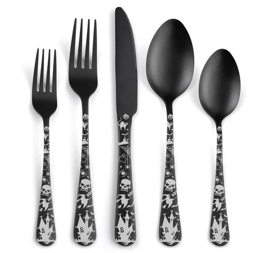 Skull Silverware Set 40 Piece Matte Black Unique Flatware Set for 8 ...