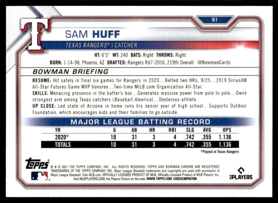 2021 Bowman Chrome Sam Huff Rookie Texas Rangers #91 | eBay