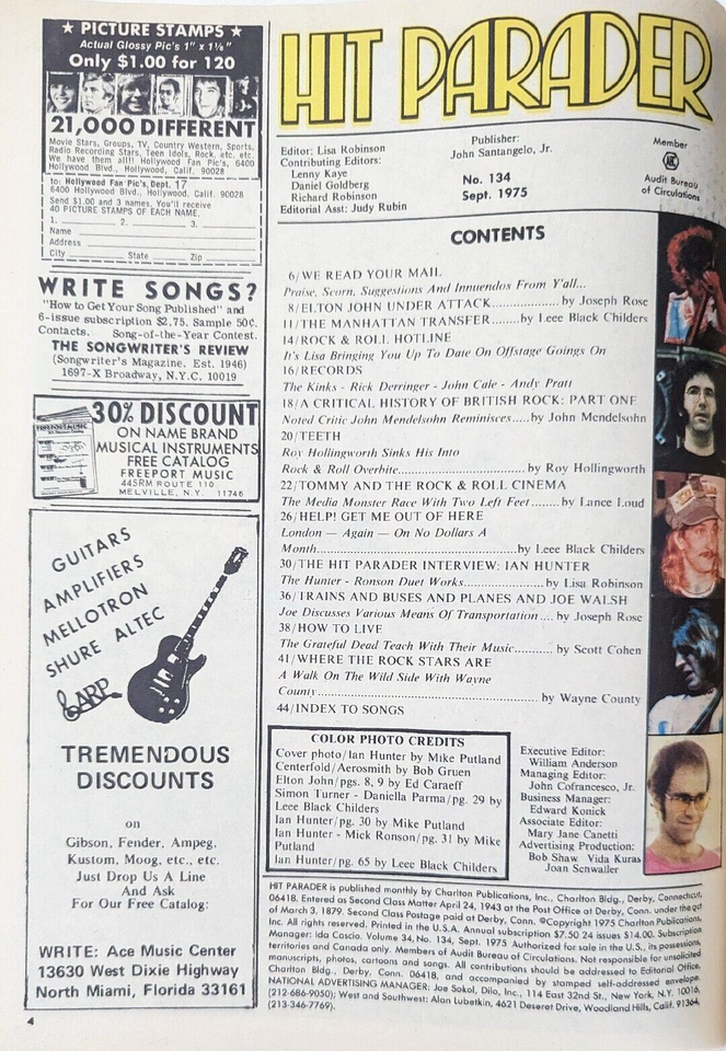 HIT PARADER Magazine September 1975 Ian Hunter, Elton,Joe Walsh, Bowie ...