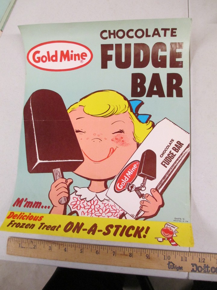 Gold Mine FUDGE BAR cartoon girl 1960s ice cream store display paper ...