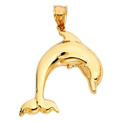 14K Yellow Gold Dolphin Good Luck Charm Pendant For Necklace or Chain ...