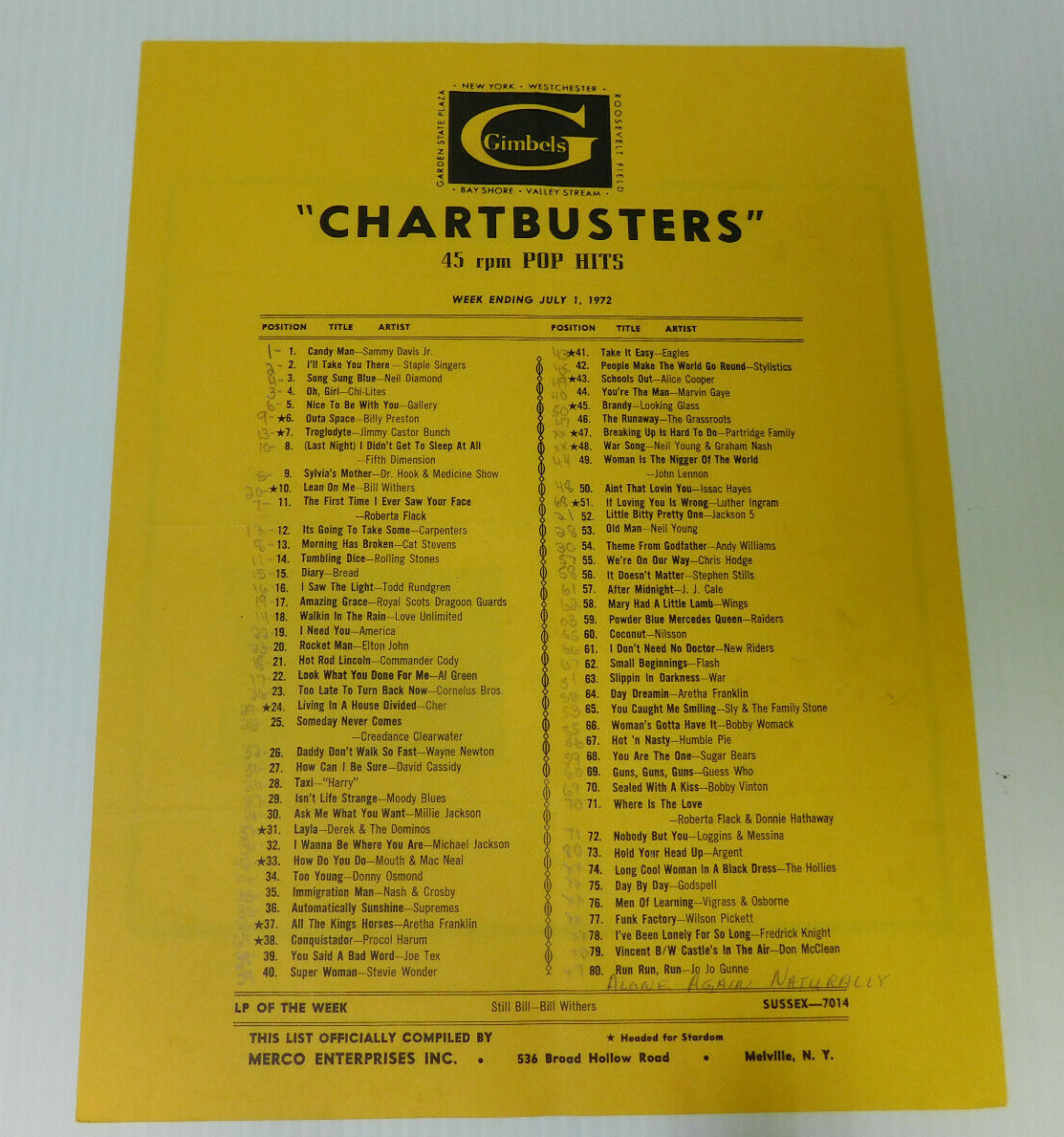 Gimbels Chartbusters 45 RPM Pop Hits Chart July 1 1972 S Davis Jr ...