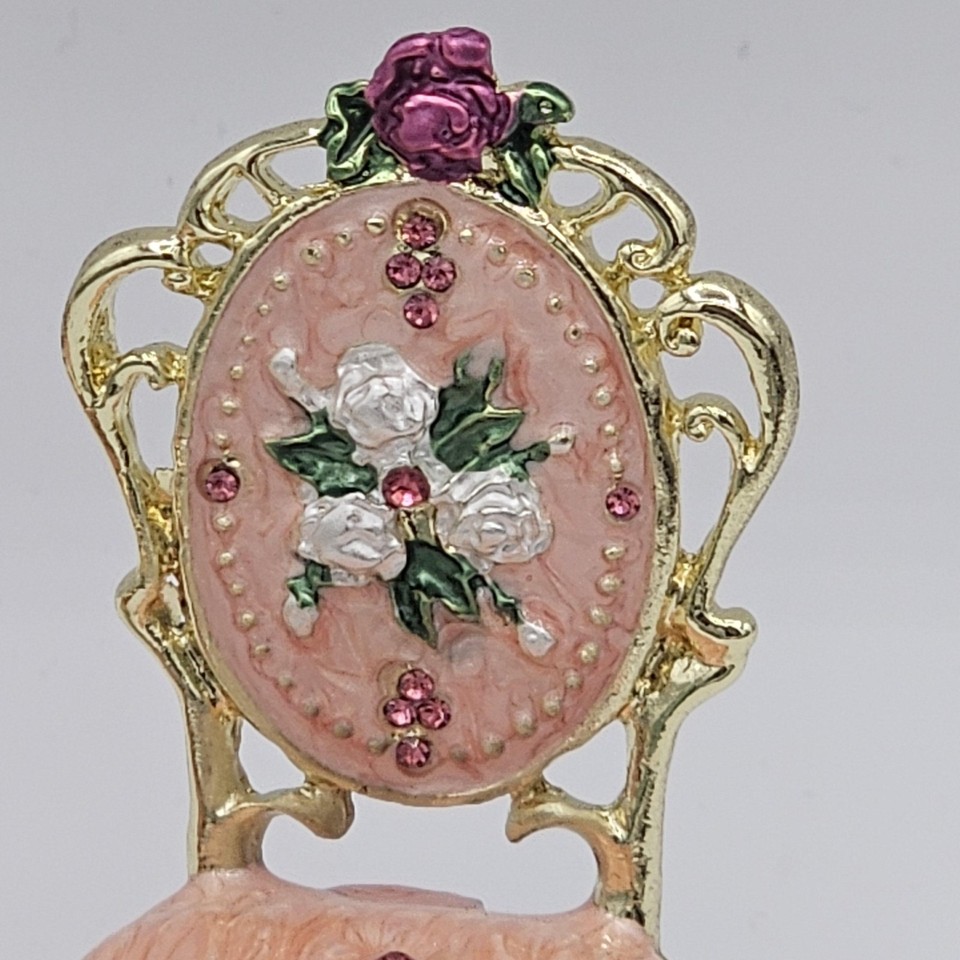 Vanity Chair Trinket Box Set Pink Enamel Roses Rhinestone Gold Tone ...