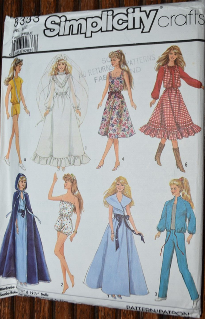 Simplicity 8333 1980s Fashion Doll Barbie Wardrobe Pattern Wedding Gown ...