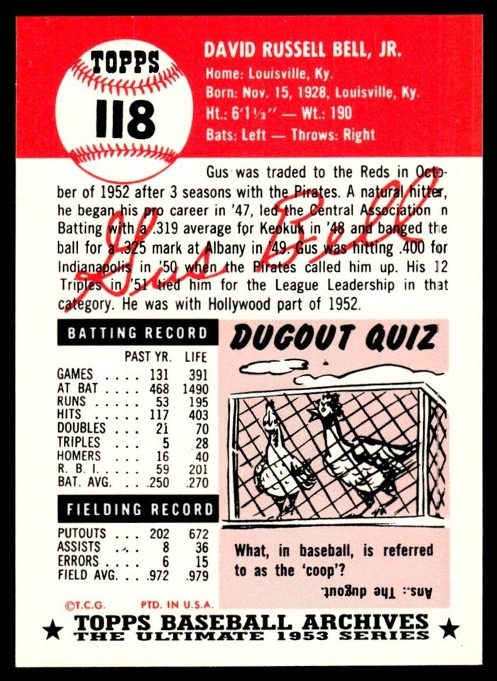 1991 Topps Archives 1953 Gus Bell Cincinnati Reds #118 | eBay