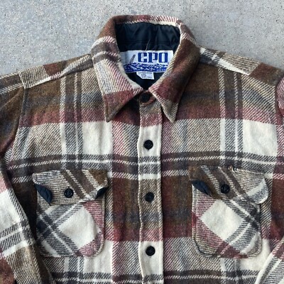 Vtg 70s CPO Naval Buttons Wool Linen Flannel Button Down Shirt Plaid MD ...