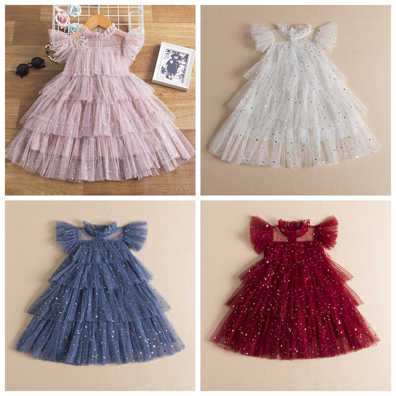 Kid Mesh Tulle Voile Dress A-line Tiered Layered Shiny Sequin Star ...