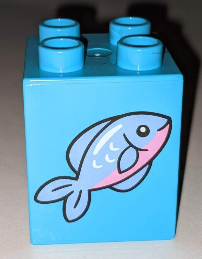 Lego Duplo 2x2x2 Azure Blue Brick With Smiling Fish Pattern Piece Part ...